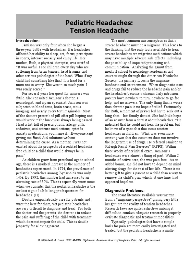 Pediatric Headaches: Tension Headache | PDF | Headache | Migraine