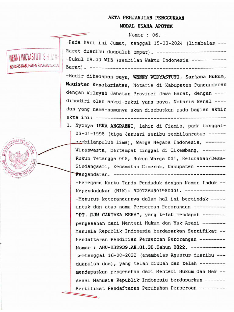 Akta Perjanjian Penggunaan Modal Usaha Apotek Yasfina Farma | PDF