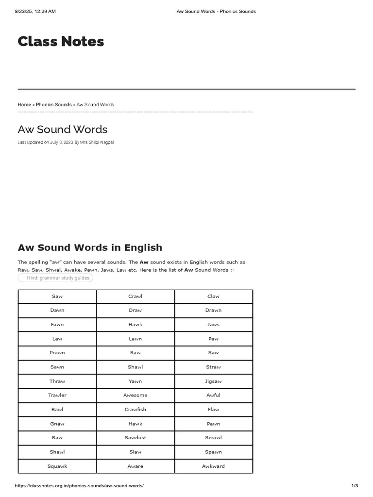 Aw Sound Words - Phonics Sounds | PDF | Language Acquisition | Phonics