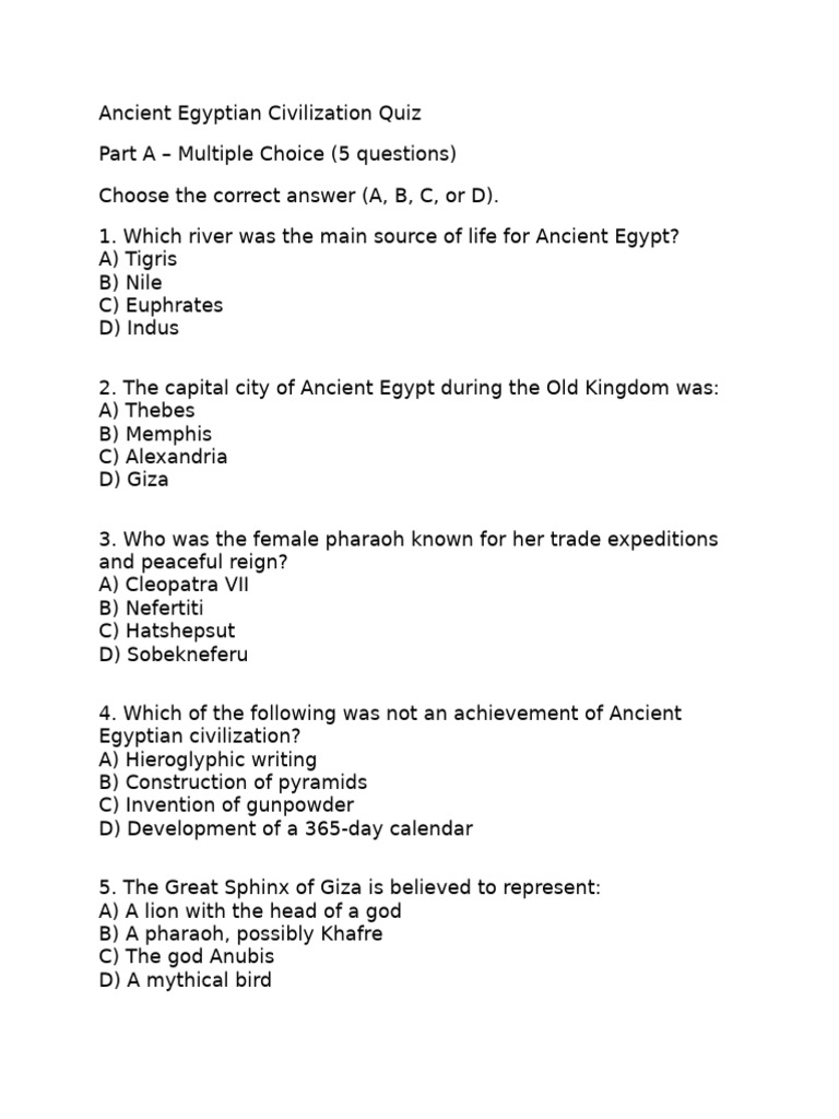 Ancient Egyptian Civilization Quiz | PDF