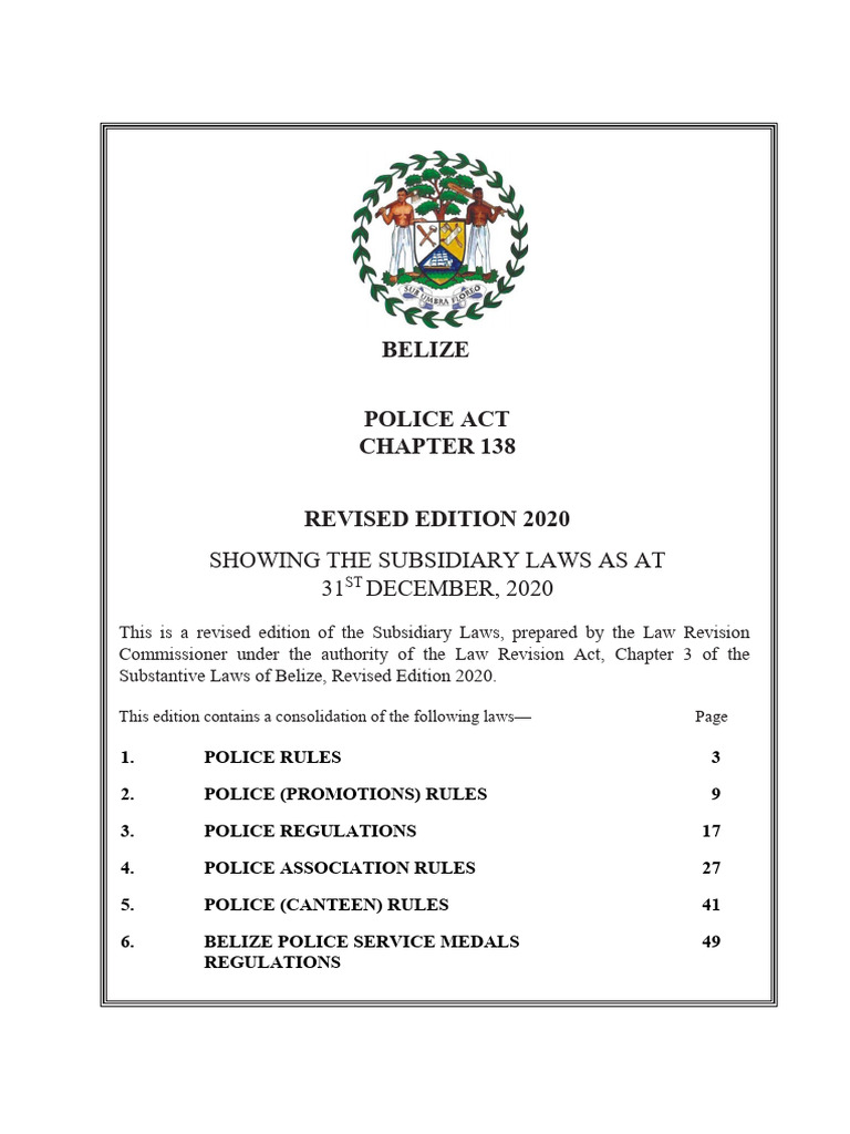 Belize Police Act Chapter 138 Overview | PDF | Inspector | Sergeant