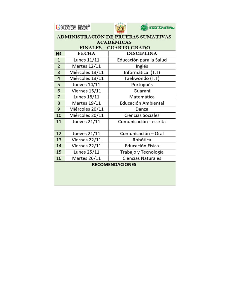 Administración de Pruebas Sumativas Académicas Finales Cuarto Grado ...