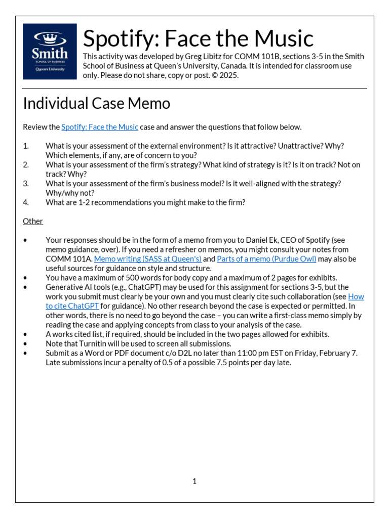 COMM 101B (3-5) W25 Guidance For Individual Case Memo | PDF | Memorandum | Human Communication