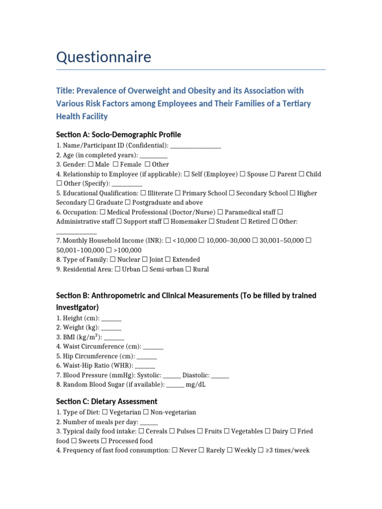 Obesity Questionnaire Formatted | PDF | Obesity | Blood Pressure