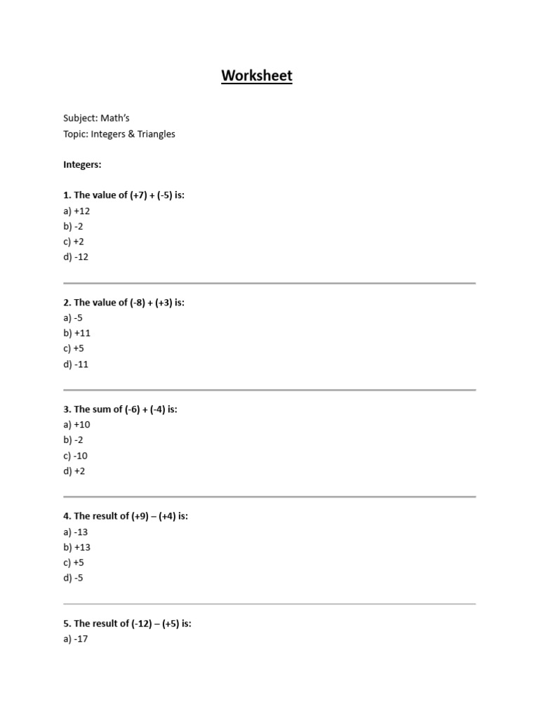 Math Worksheet: Integers & Triangles | PDF