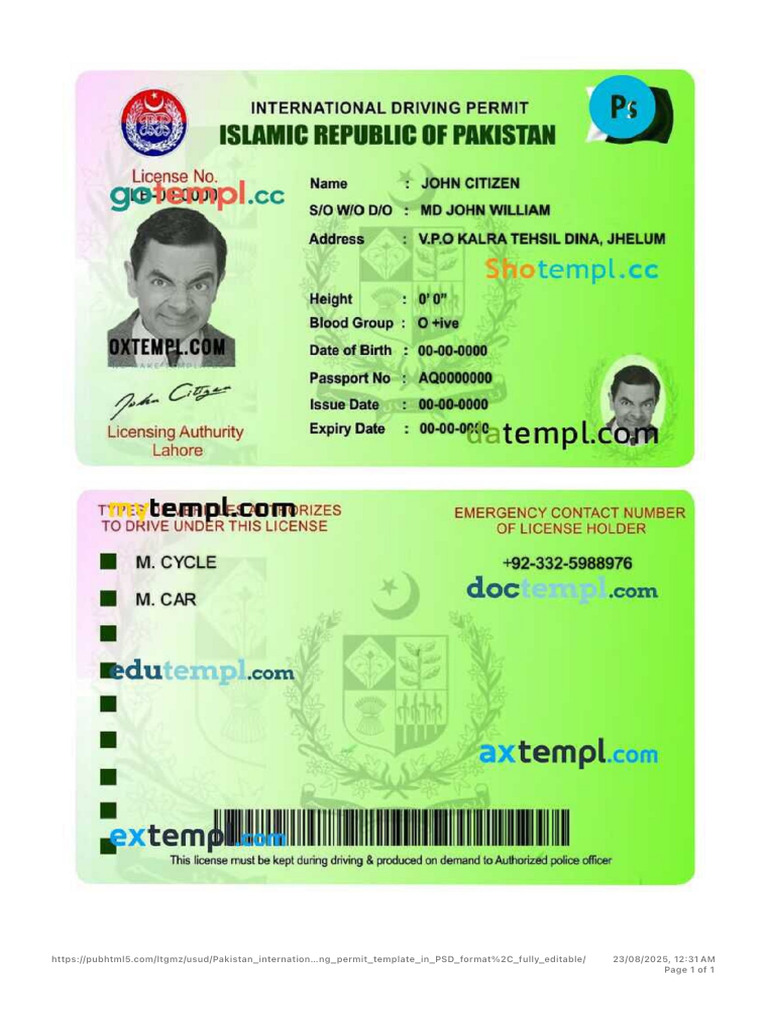 Pakistan International Driving Permit Template in PSD Format, Fully Editable - V | PDF