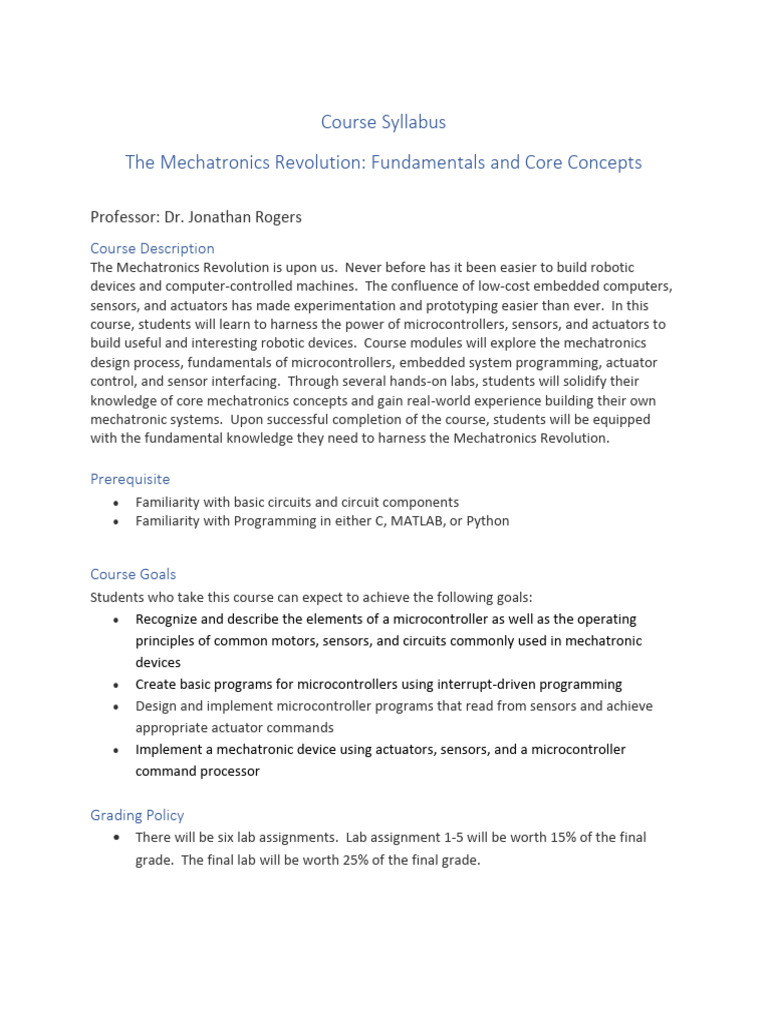 Course Syllabus The Mechatronics Revolution: Fundamentals and Core ...