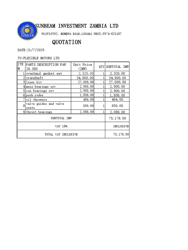 Quotation for FAW Parts - Sunbeam Zambia | PDF