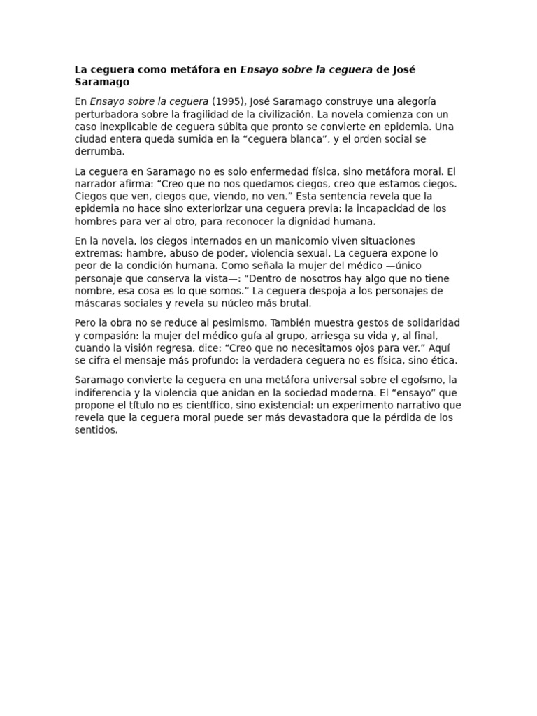 Ceguera como metáfora en Saramago | PDF