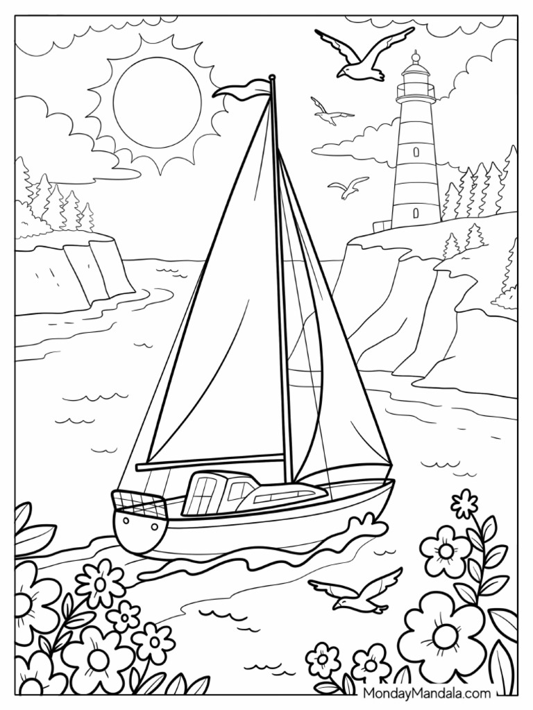 Sailboat On A Summer Sea With Rocky Cliffs and Lighthouse in The ...