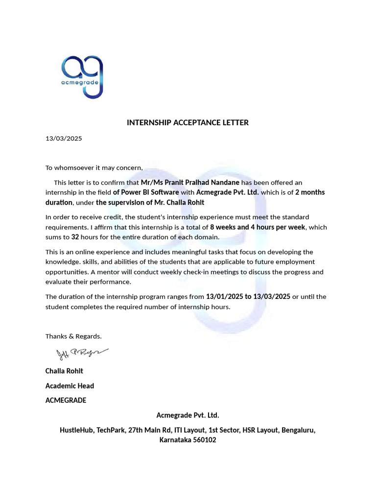 Internship Offer Confirmation Letter | PDF