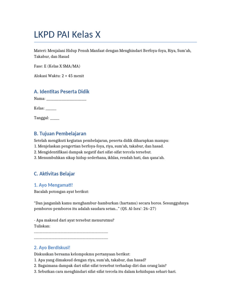 LKPD PAI Kelas X Hidup Bermanfaat | PDF