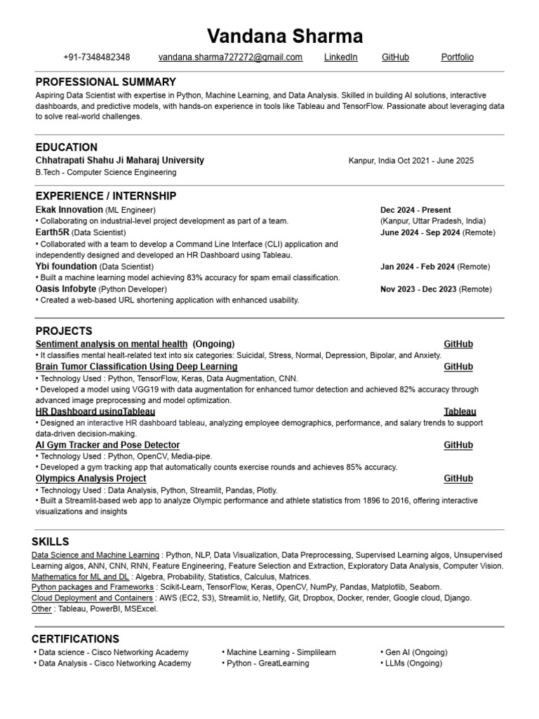 Vandana Sharma Resume Naukari | PDF | Machine Learning | Data Science