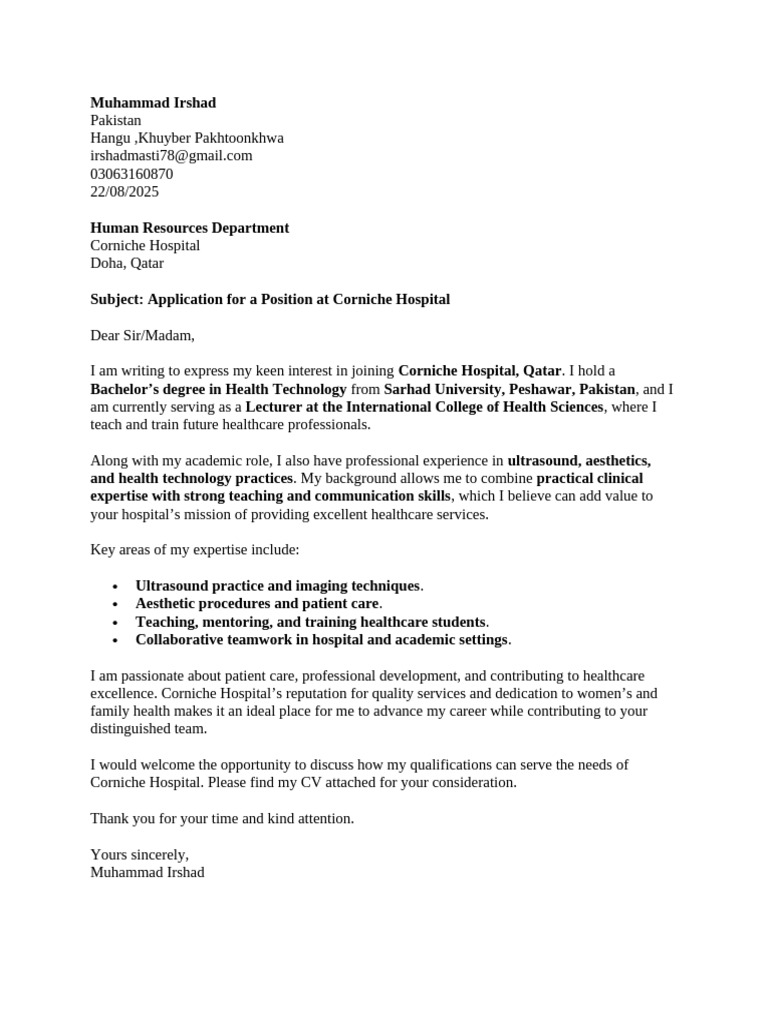Application for Position at Corniche Hospital | PDF