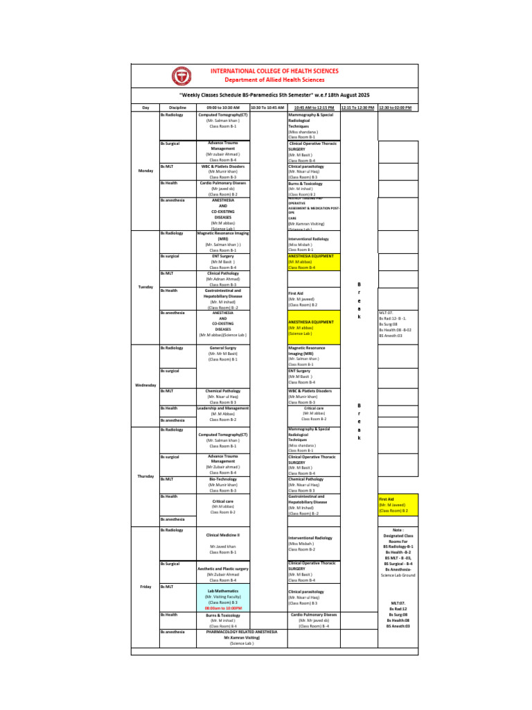 Weekly Class Schedule for BS-Paramedics | PDF | Radiology | Magnetic ...