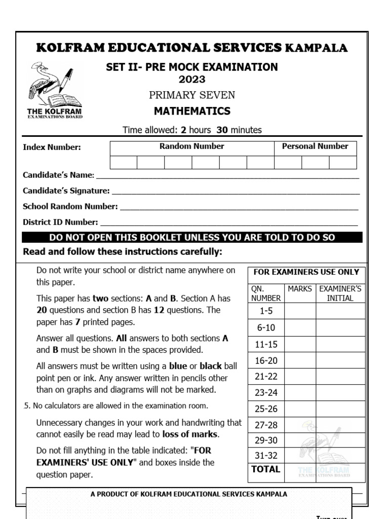 Primary Seven Mathematics Mock Exam | PDF | Mathematics
