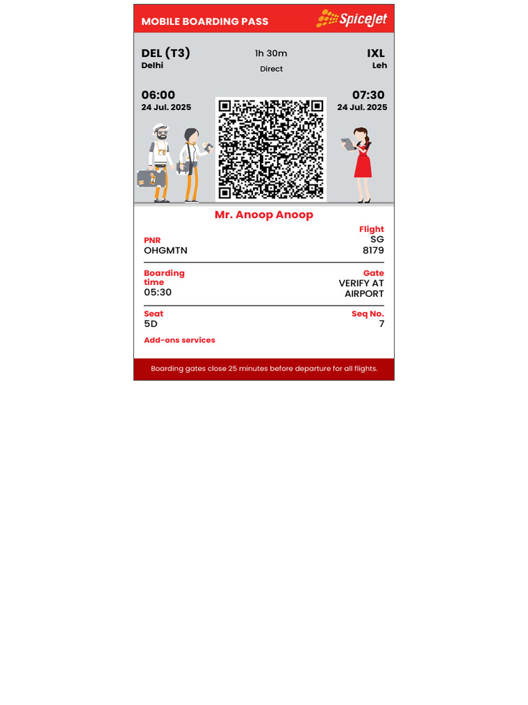 Mobile Boarding Pass PNR OHGMTN24 Jul 2025DelhitoLehforMR - ANOOPANOOP | PDF