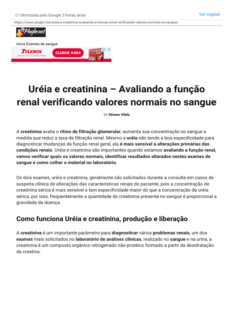 Uréia e Creatinina - Avaliando A Função Renal Verificando Valores ...