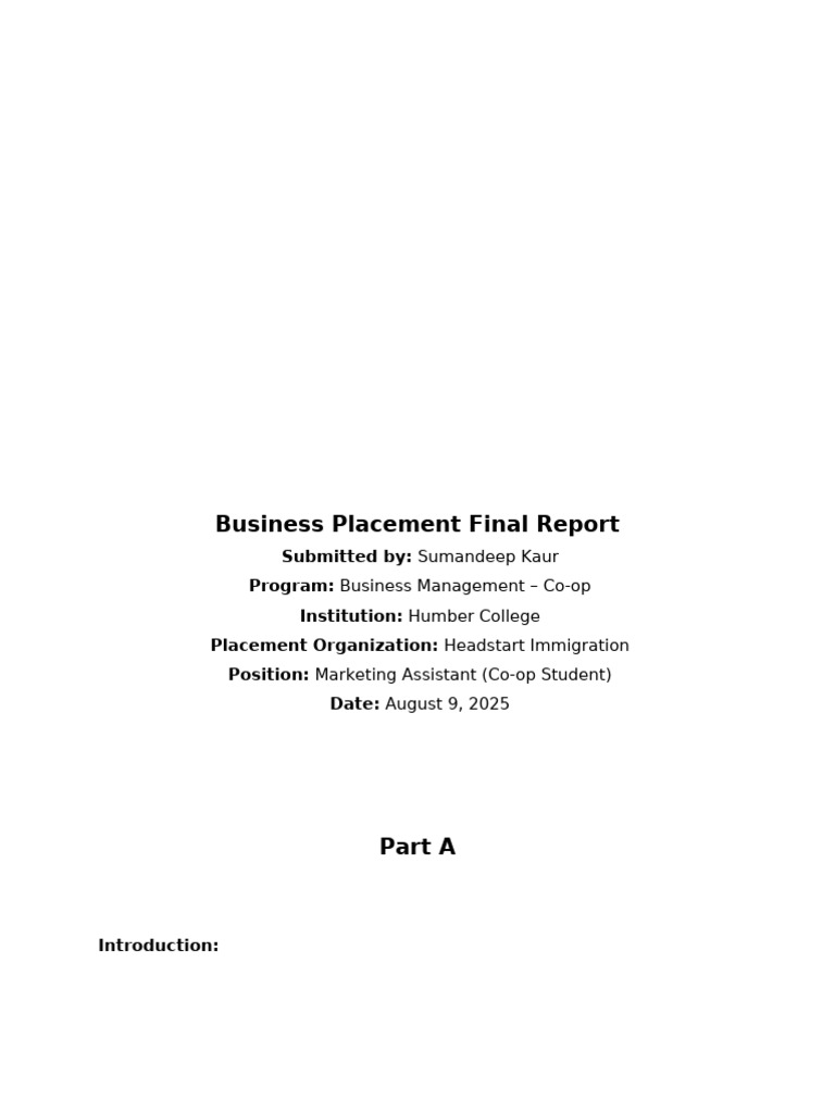 Business Placement Final Report Submitted by Sumandeep Kaur | PDF ...
