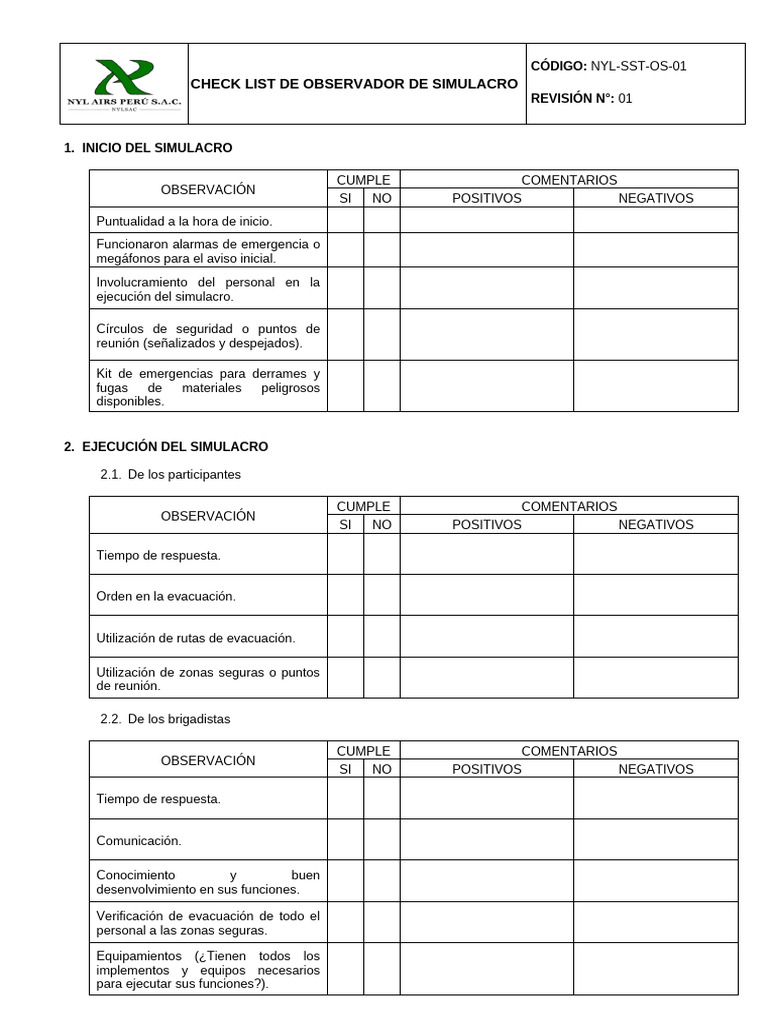 Check List de Observador de Simulacro | PDF