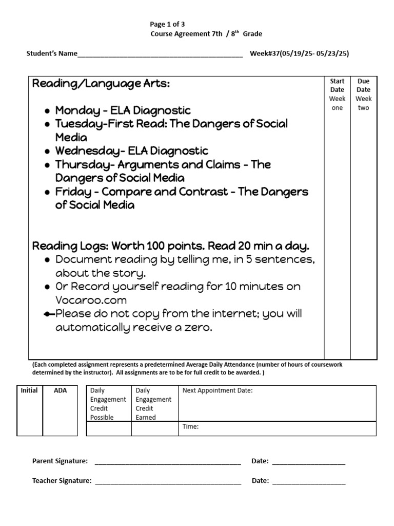 Hadia Bibi - 7h Grade Weekly Course Agreement #37 | PDF