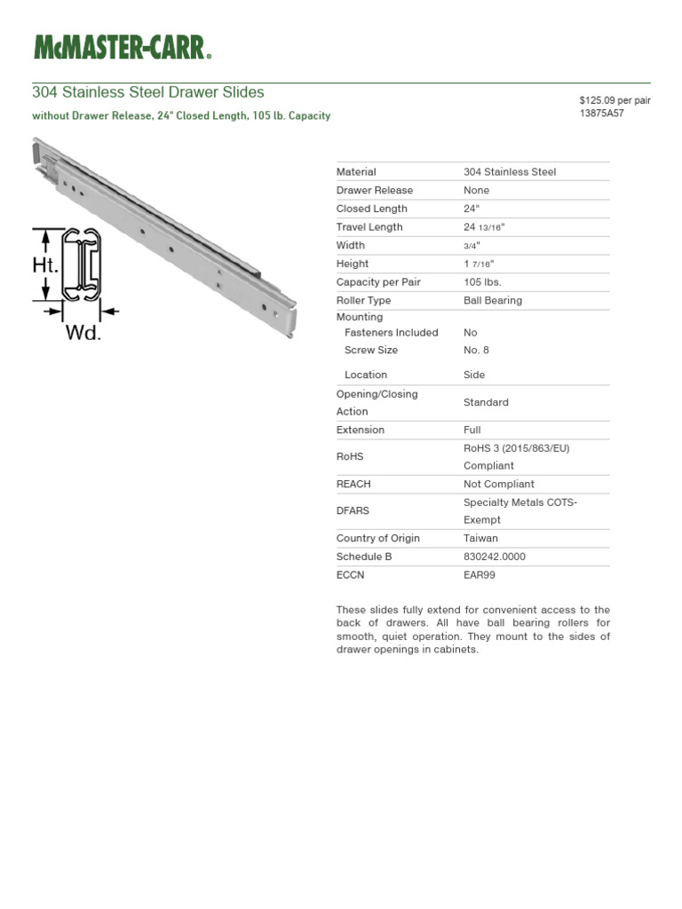 304 Stainless Steel Drawer Slides, Without Drawer Release, 24 - Closed ...