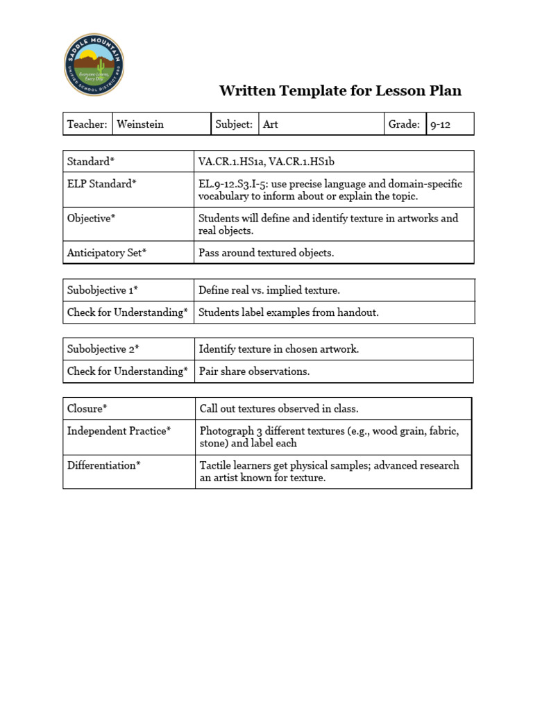 Art Lesson Plan: Exploring Texture | PDF