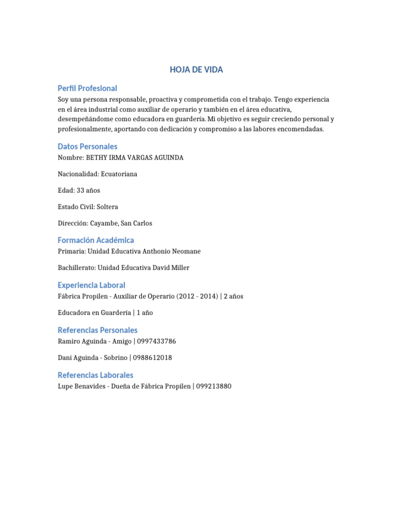 Hoja de Vida Bethy Vargas | PDF