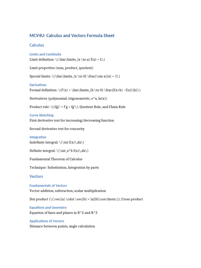 MCV4U: Calculus and Vectors Formula Sheet | PDF