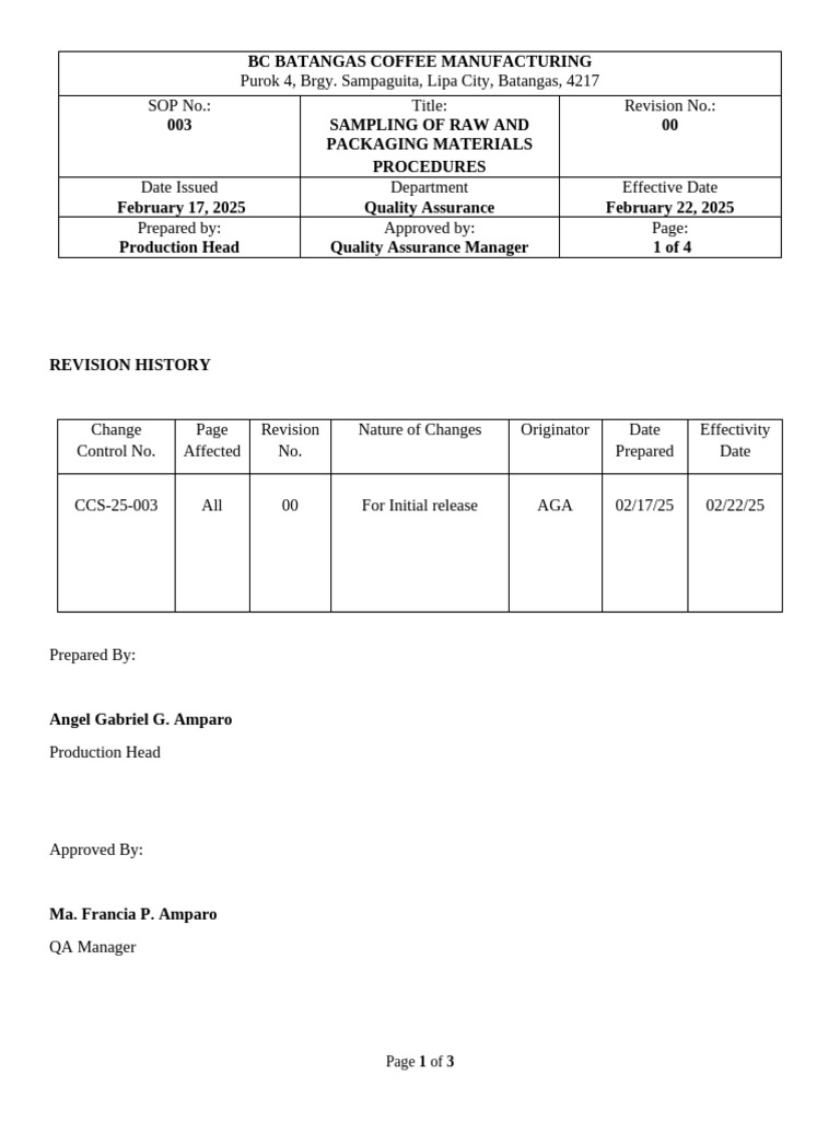Raw and Packaging Materials Sampling SOP | PDF
