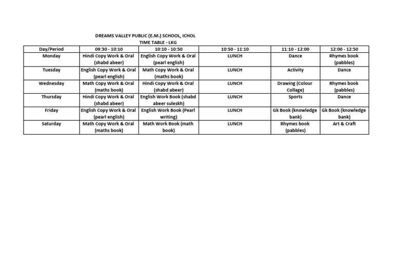LKG Timetable 2025 for Dreams Valley | PDF