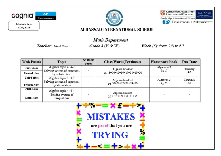 8th Grade Weekly Plan Week 5 t2 24-25 | PDF