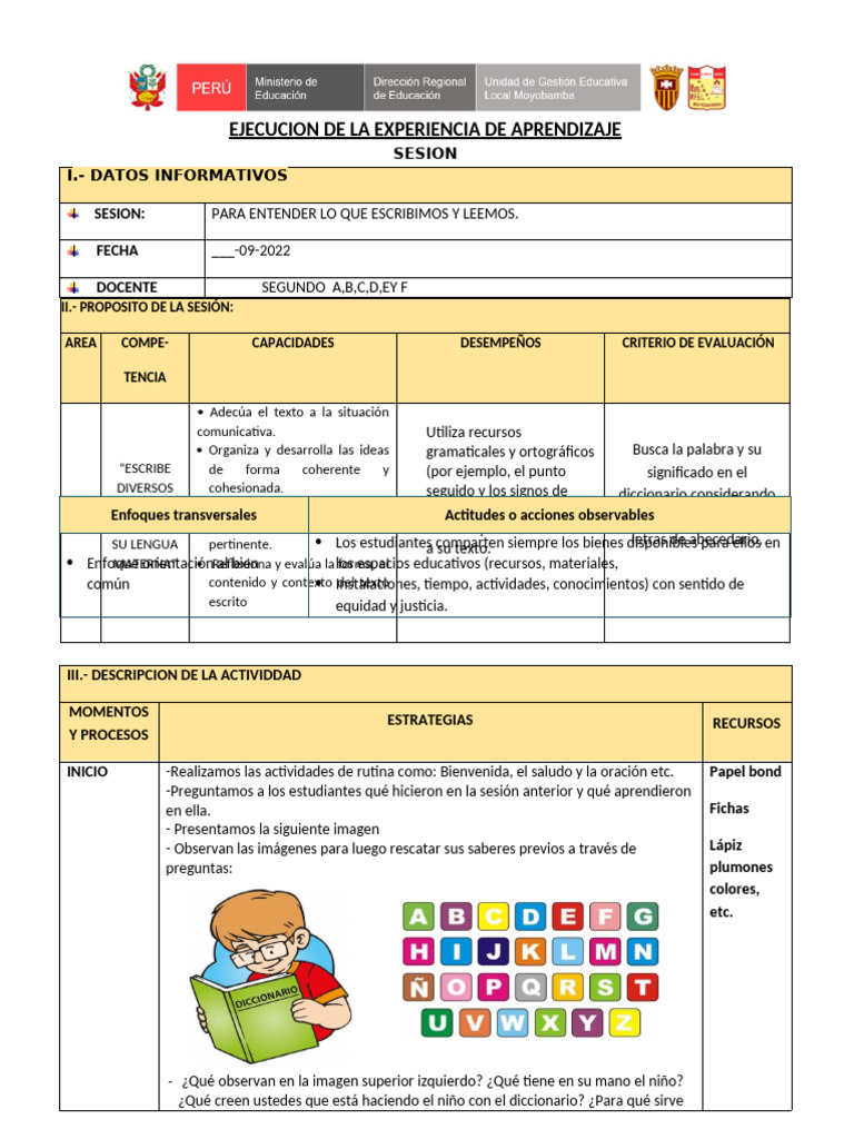 SESIÓN Uso Del Diccionario para Segundo de Primaria | PDF | Diccionario ...