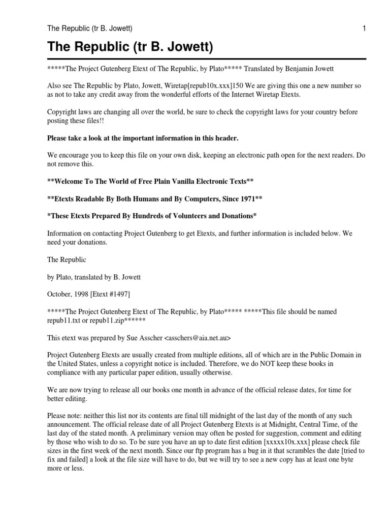 The Republic (TR B. Jowett) 1 | PDF | Plato | Socrates