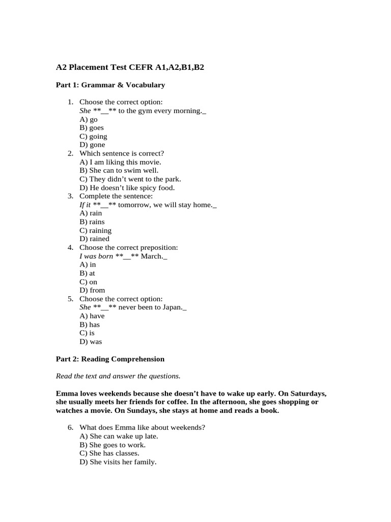 CEFR A1-A2 Placement Test PDF | PDF | Communication