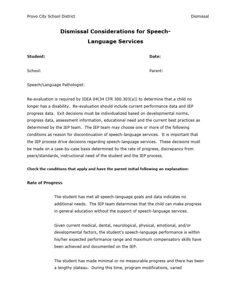 Speech-Language Dismissal Criteria | PDF | Individualized Education ...
