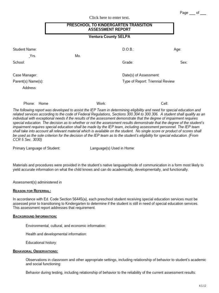 Preschool Transition To Kindergarten Report Fill in | PDF | Educational ...