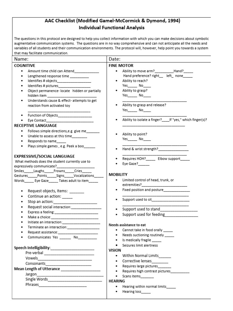 AAC Screening Checklist Guide | PDF | Communication | Human Communication