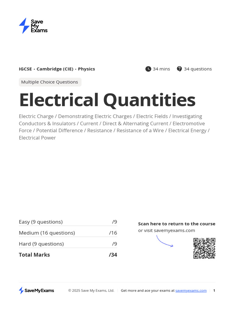 IGCSE Physics: Electrical Quantities Quiz | PDF | Electric Current ...