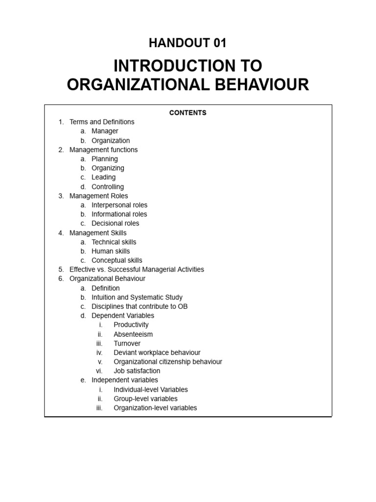 Organizational Behavior Handout 01 - Introduction To OB | PDF | Job ...