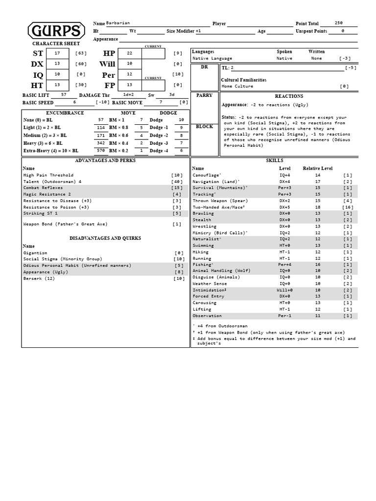 GURPS 4E Character Sheet - James Turner-Barbarian | PDF | Role Playing ...