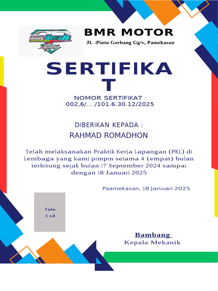 Sertifikat PKL Rahmad Romadhon 2025 | PDF