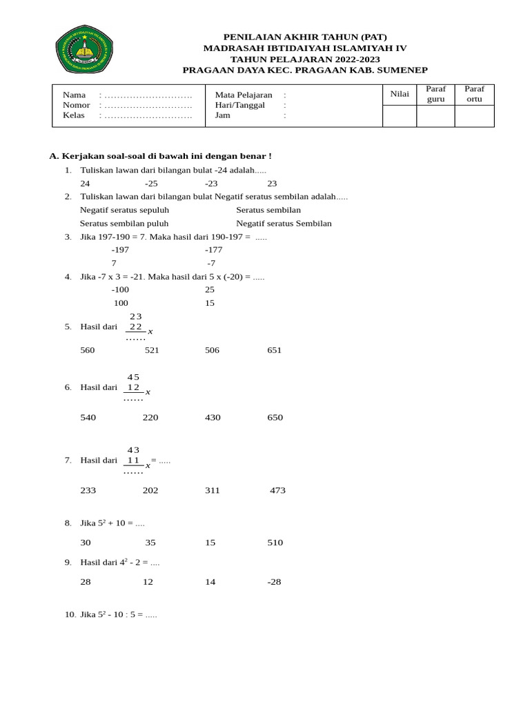 MTK Kelas 5 2024 | PDF