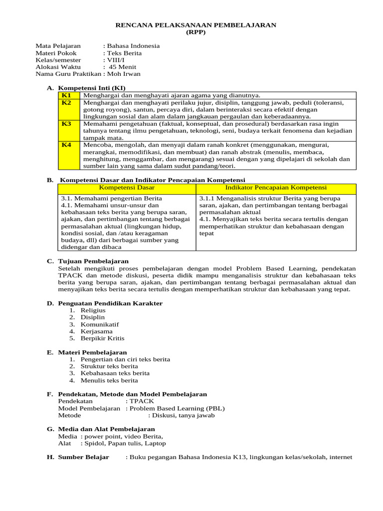 Contoh RPP Pembelajaran | PDF