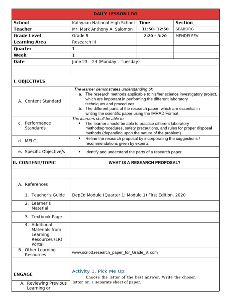DLL - Mr. Salomon - Q1-W1 - June 23-27,2025 | PDF | Scientific Method ...