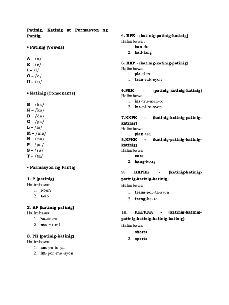 Patinig, Katinig at Pormasyon Ng Pantig | PDF