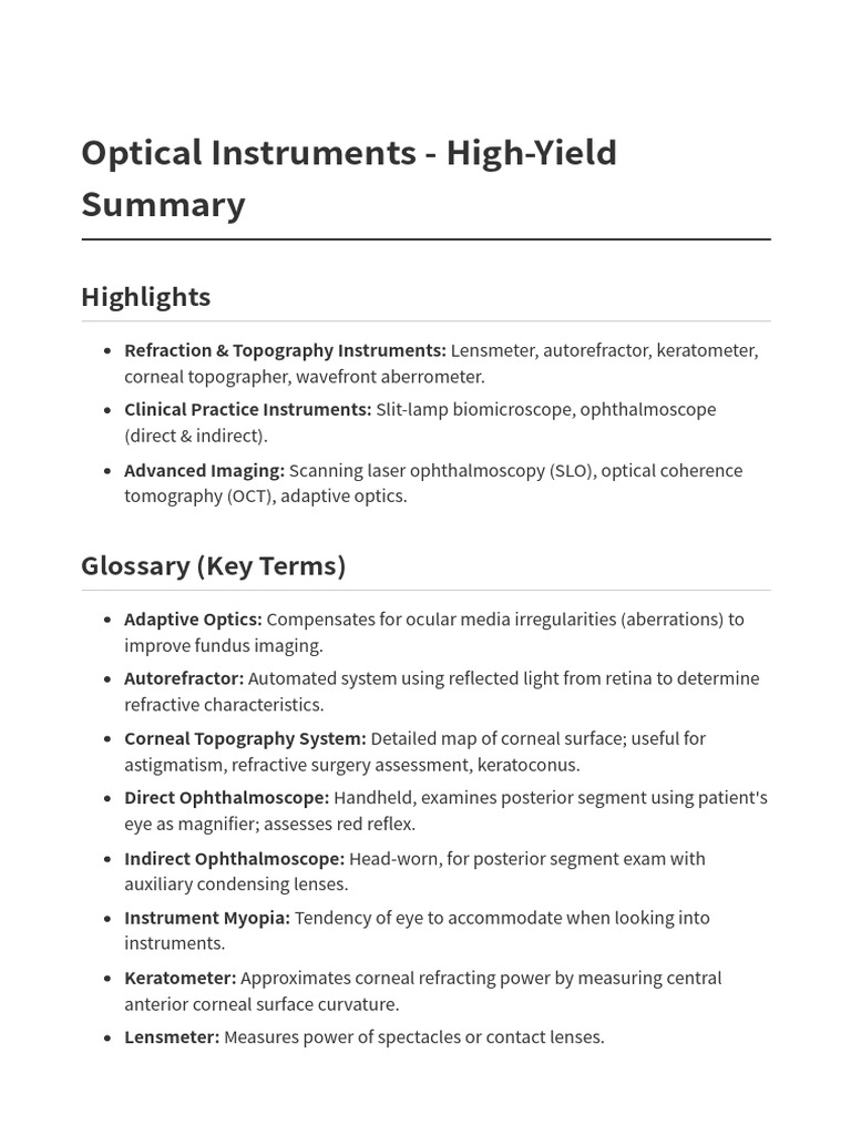 Optical Instruments Summary | PDF | Optics | Cornea