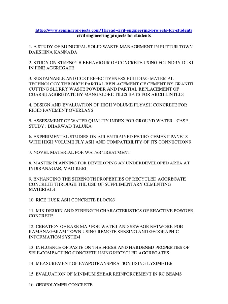 Civil Engg BE Project Topics For Students PDF Masonry Fly Ash
