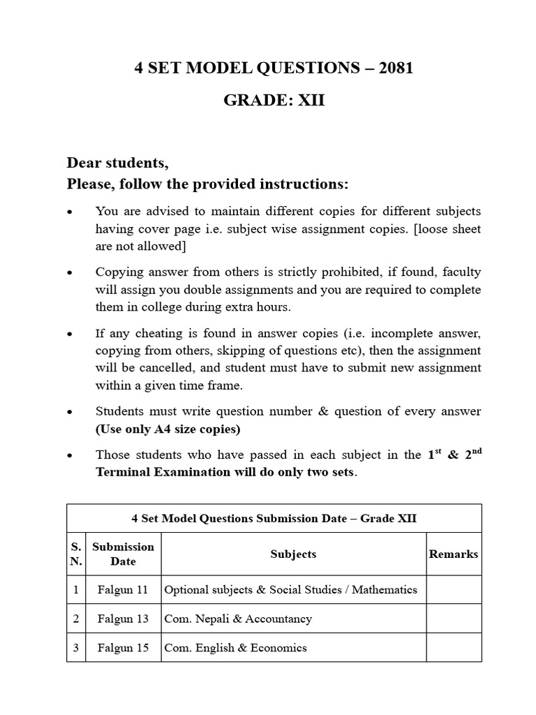 4 Sets Model Questions-2081 (Grade XII) (1) | PDF | Banana