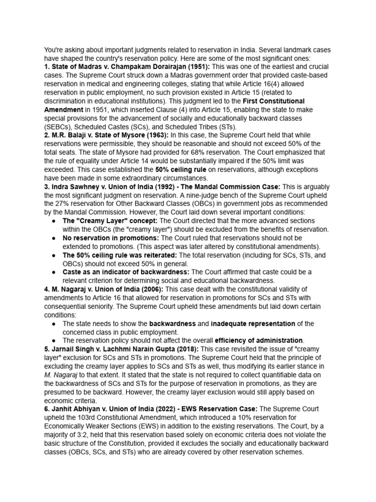 Important Judgement On Reservation | PDF | Empowerment | Social Inequality